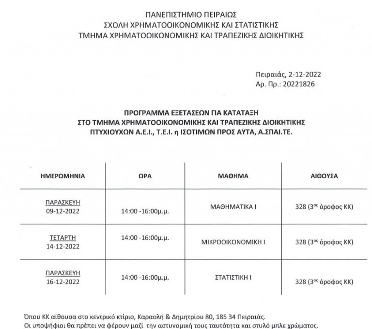 Πρόγραμμα διεξαγωγής κατατακτηρίων εξετάσεων ακαδημαϊκού έτους 2022 ...